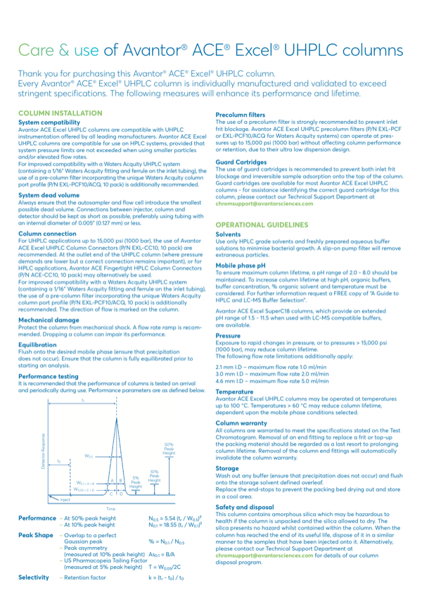 Avantor ACE Excel and UltraCore Care and Use Sheet