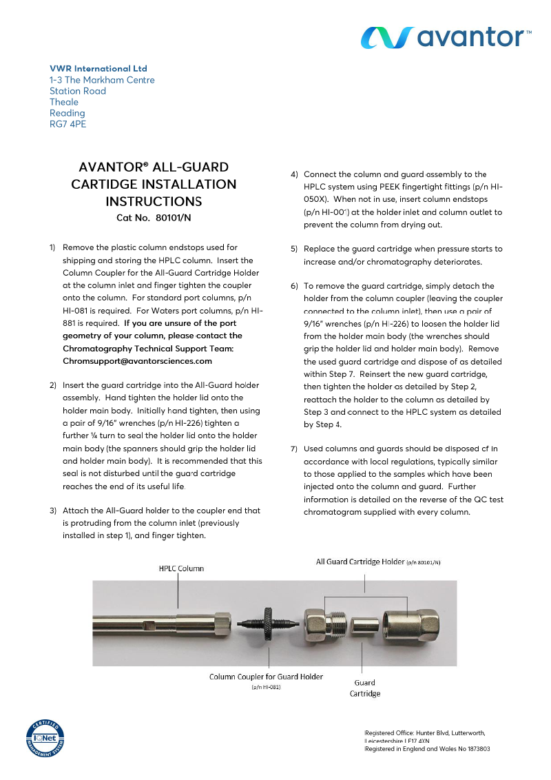 Avantor All-Guard Cartridge Installation Instructions