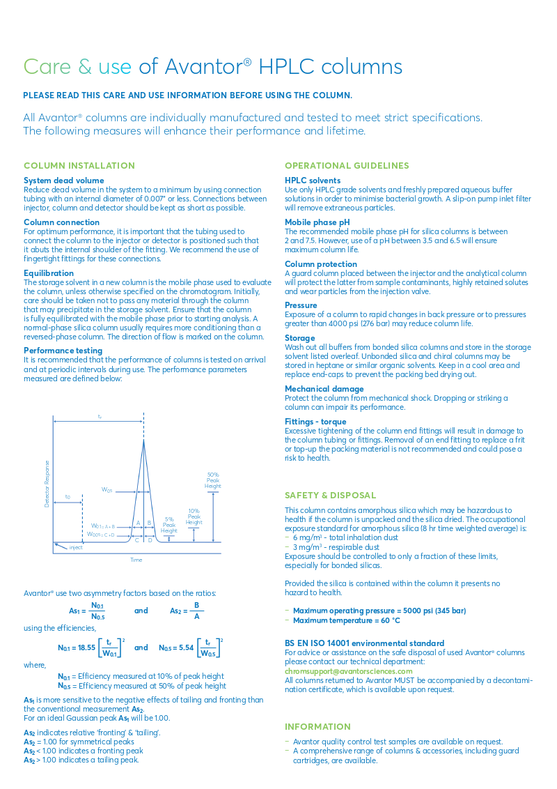 Avantor Columns Care and Use Sheet