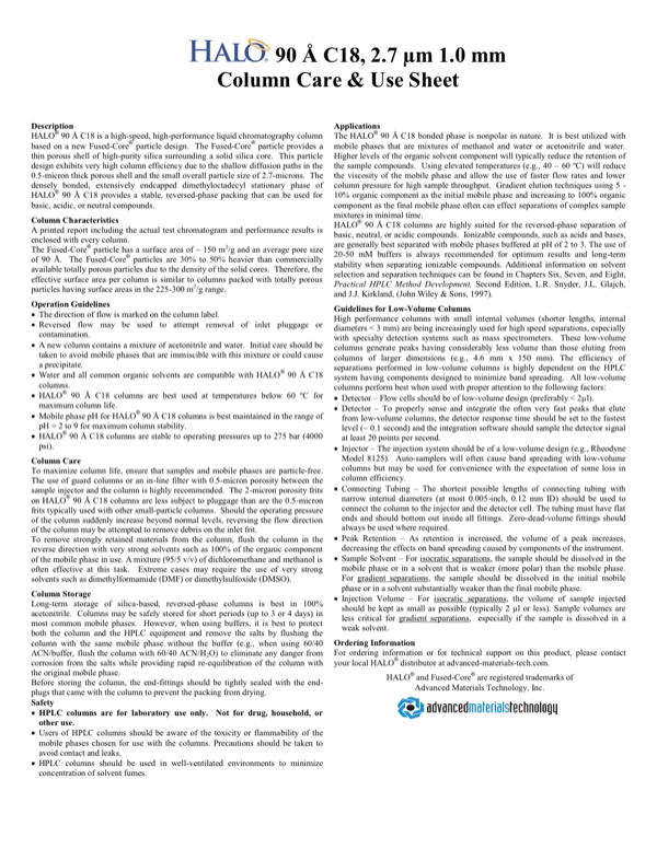 C18 1.0 mm Care and Use Sheet