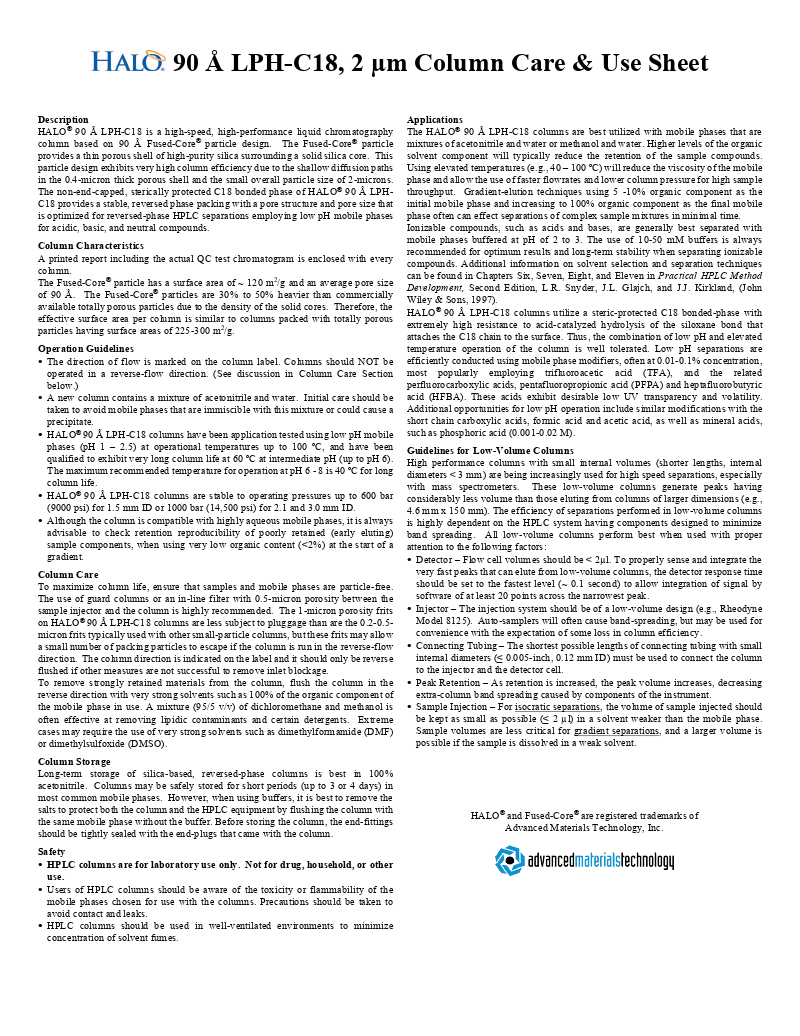 HALO LPH-C18 2 um Care and Use Sheet