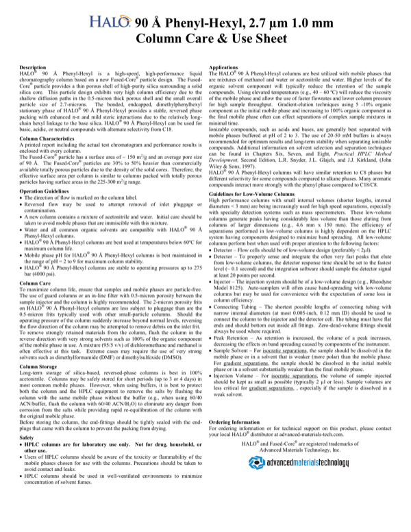 Phenyl-Hexyl 1.0 mm Care and Use Sheet