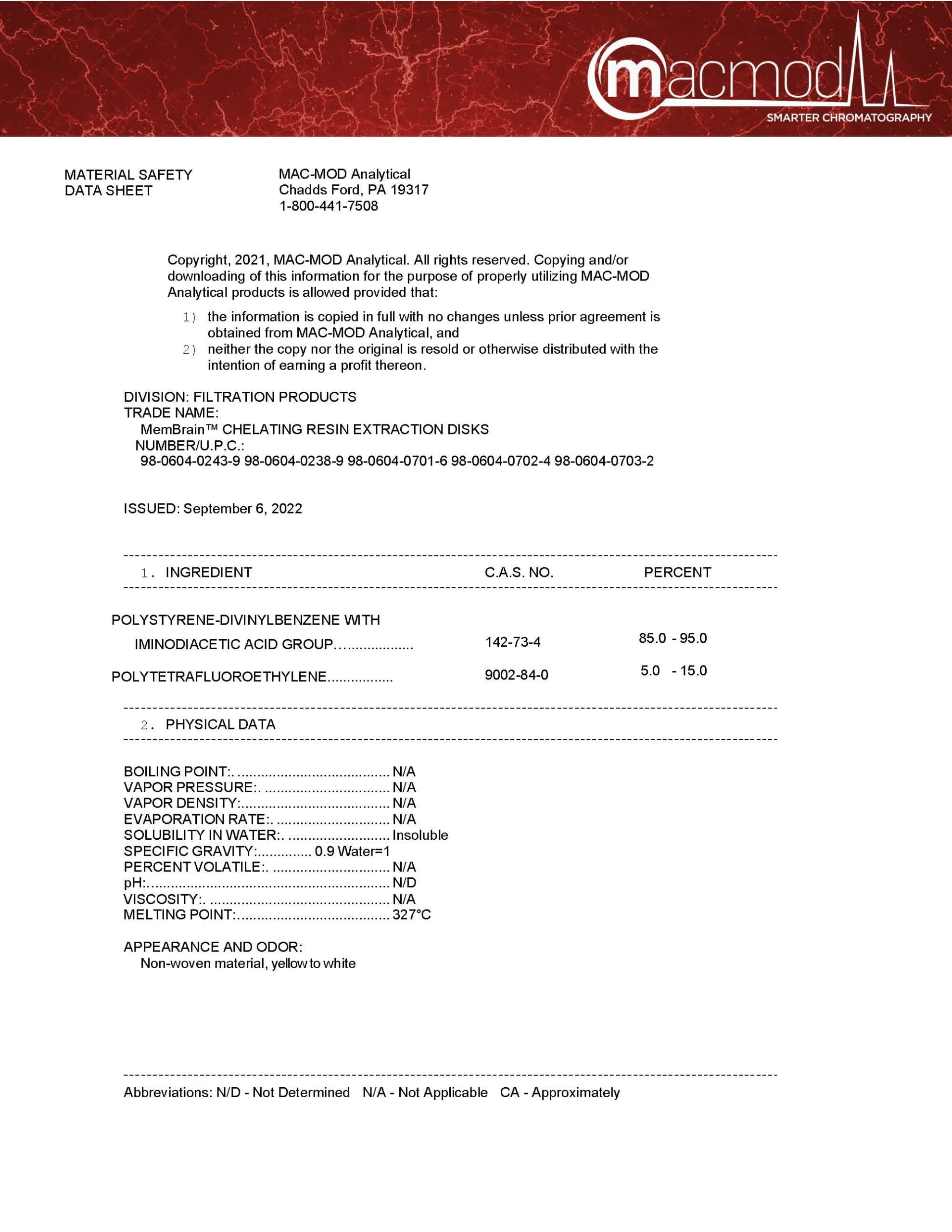 MAC-MOD MemBrain Chelator Material Safety Data Sheet - MAC-MOD Analytical